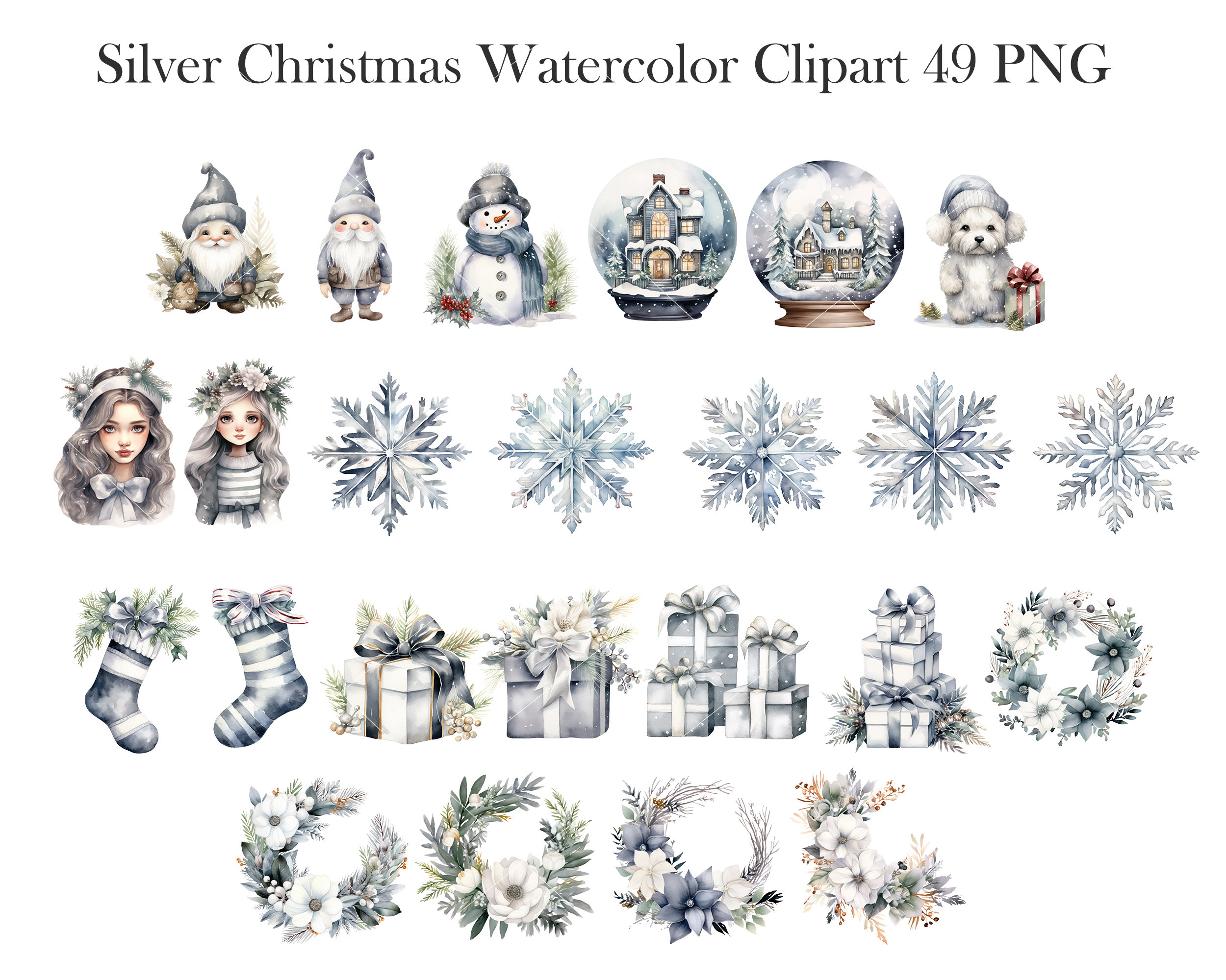 Silver Christmas Clipart, Watercolor Christmas PNG, Sublimation ...
