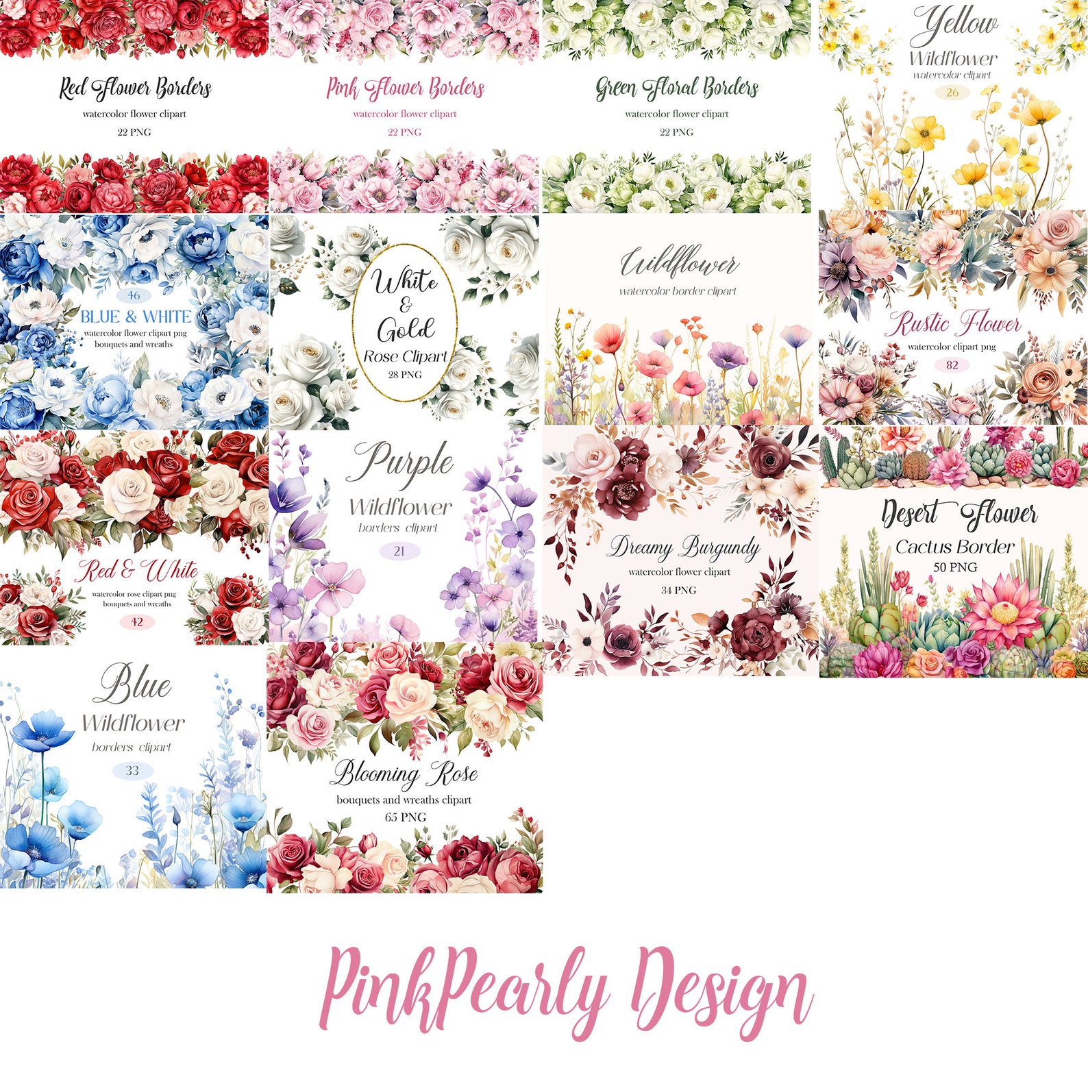 Flower Clipart Bundle, Watercolor Floral Clipart, Flower PNG ...