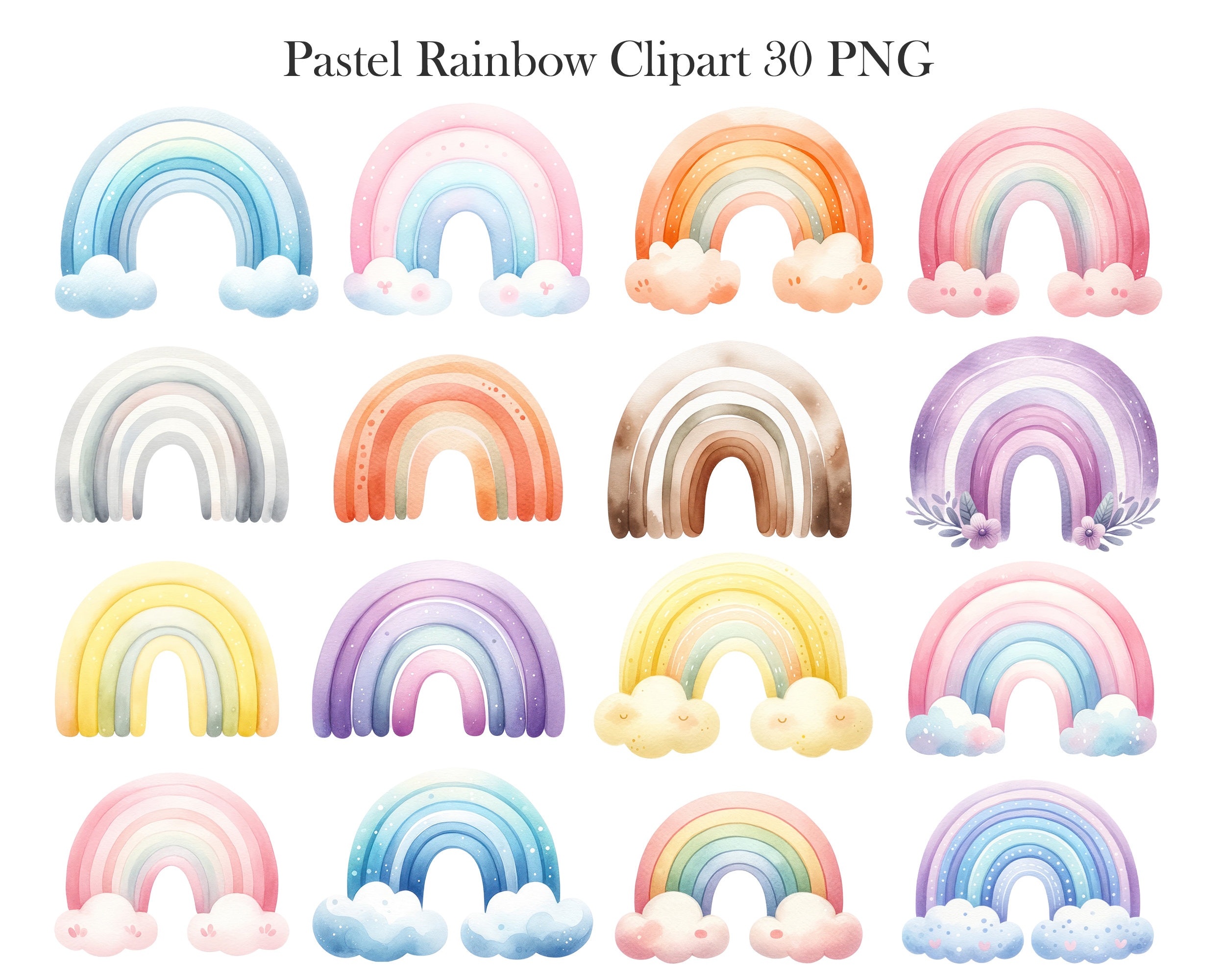 Pastel Rainbow Clipart, Watercolor Rainbow PNG Bundle, Boho Rainbow ...