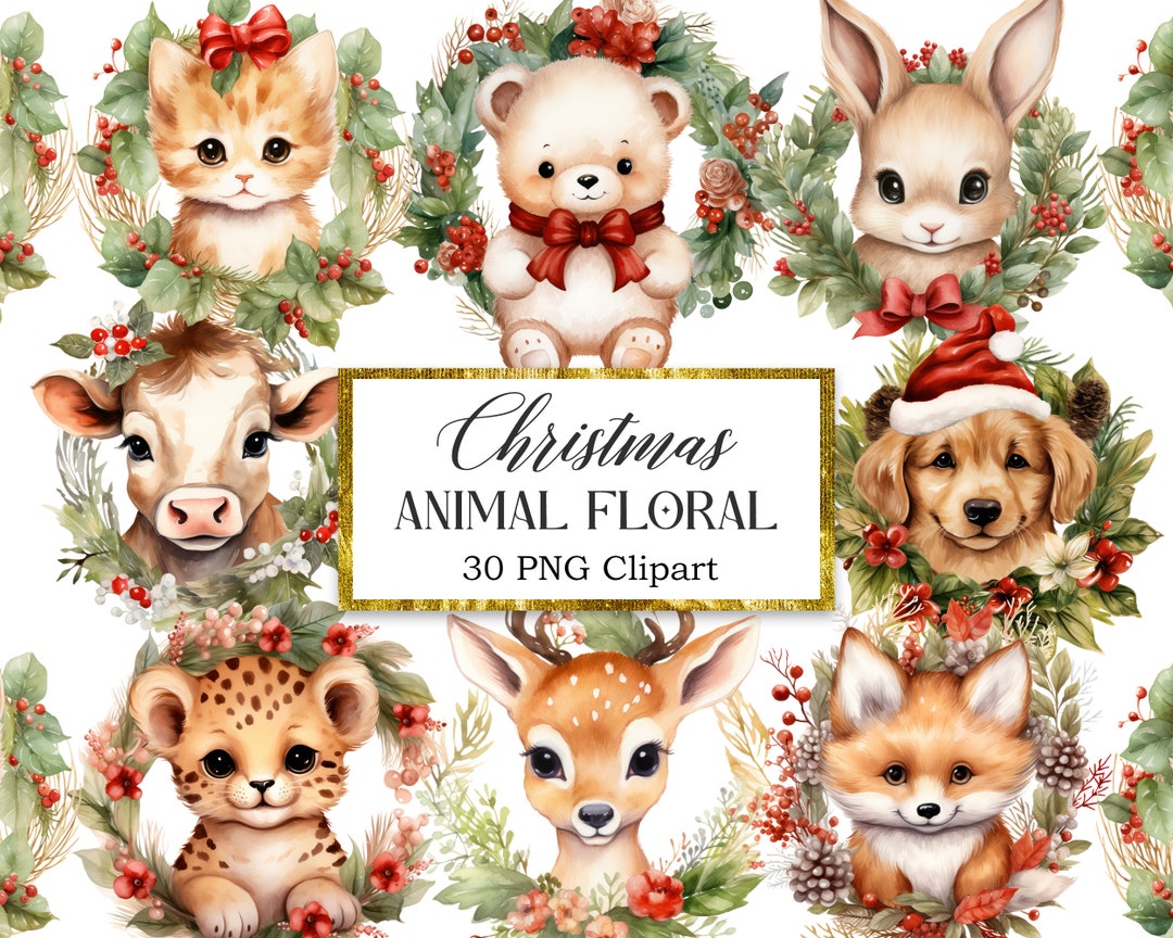 Christmas Animal Floral Watercolor Clipart, Christmas Sublimation ...