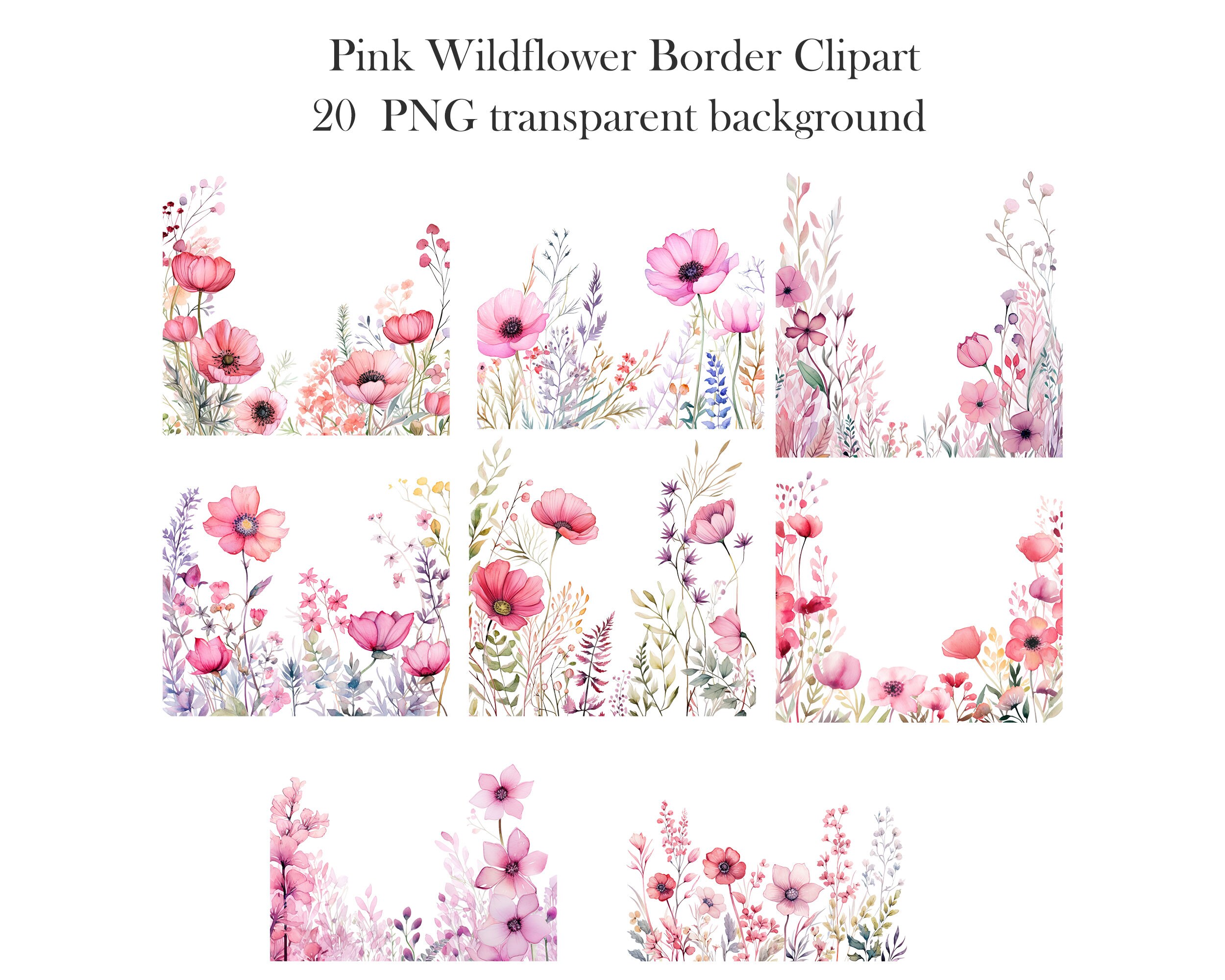Pink Wildflower Clipart, Watercolor Floral Clipart Bundle, Flower ...