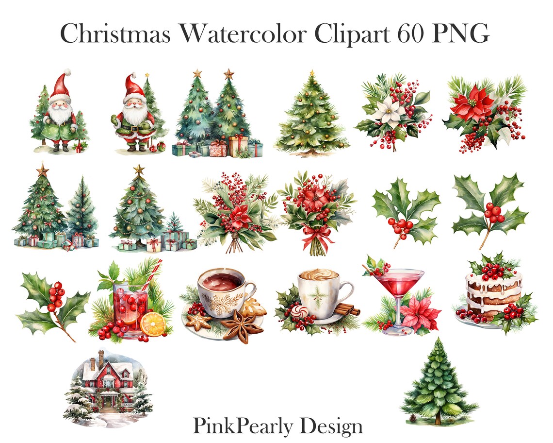 Christmas Clipart Bundle, Watercolor Christmas PNG, Christmas Ornaments ...