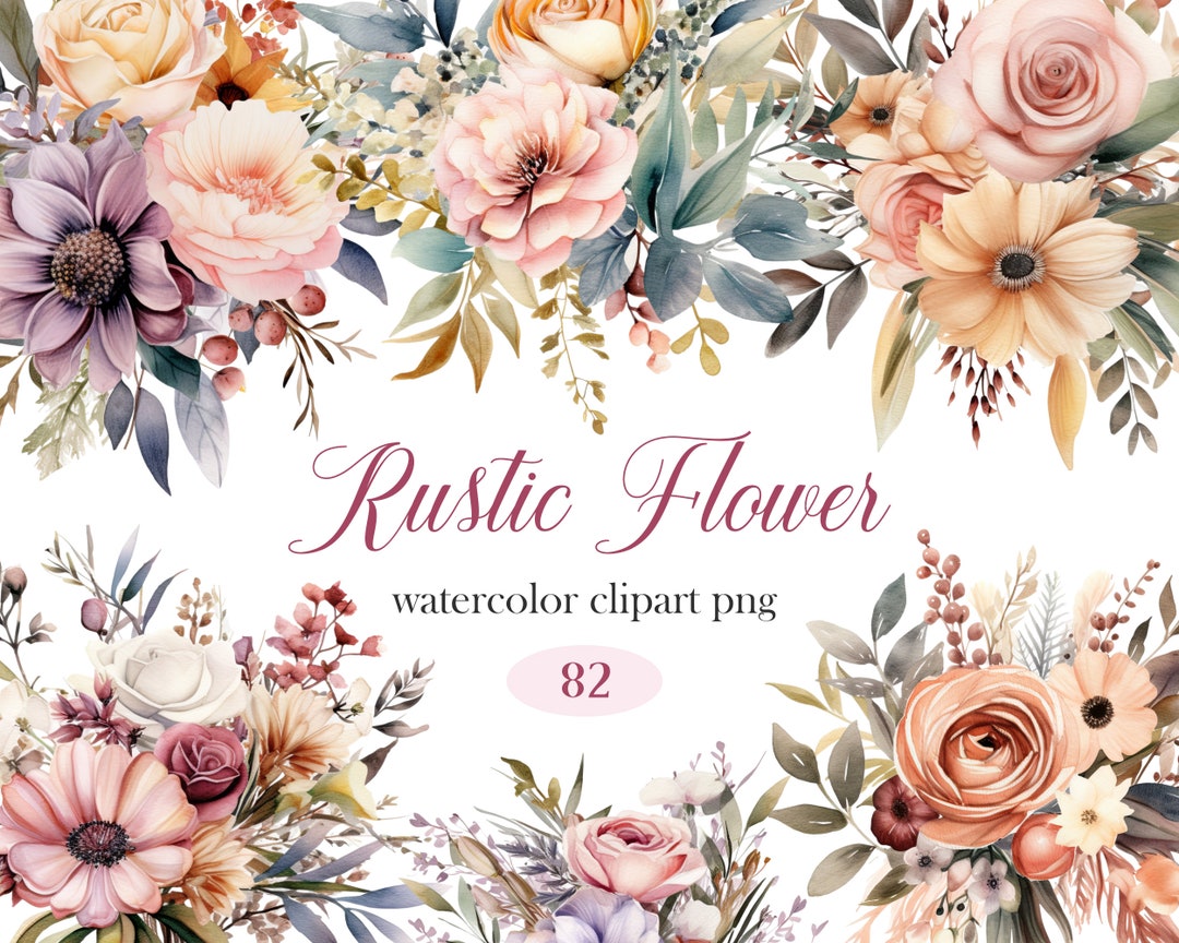 Rustic Flower Clipart, Spring Flower PNG, Watercolor Floral Clipart ...