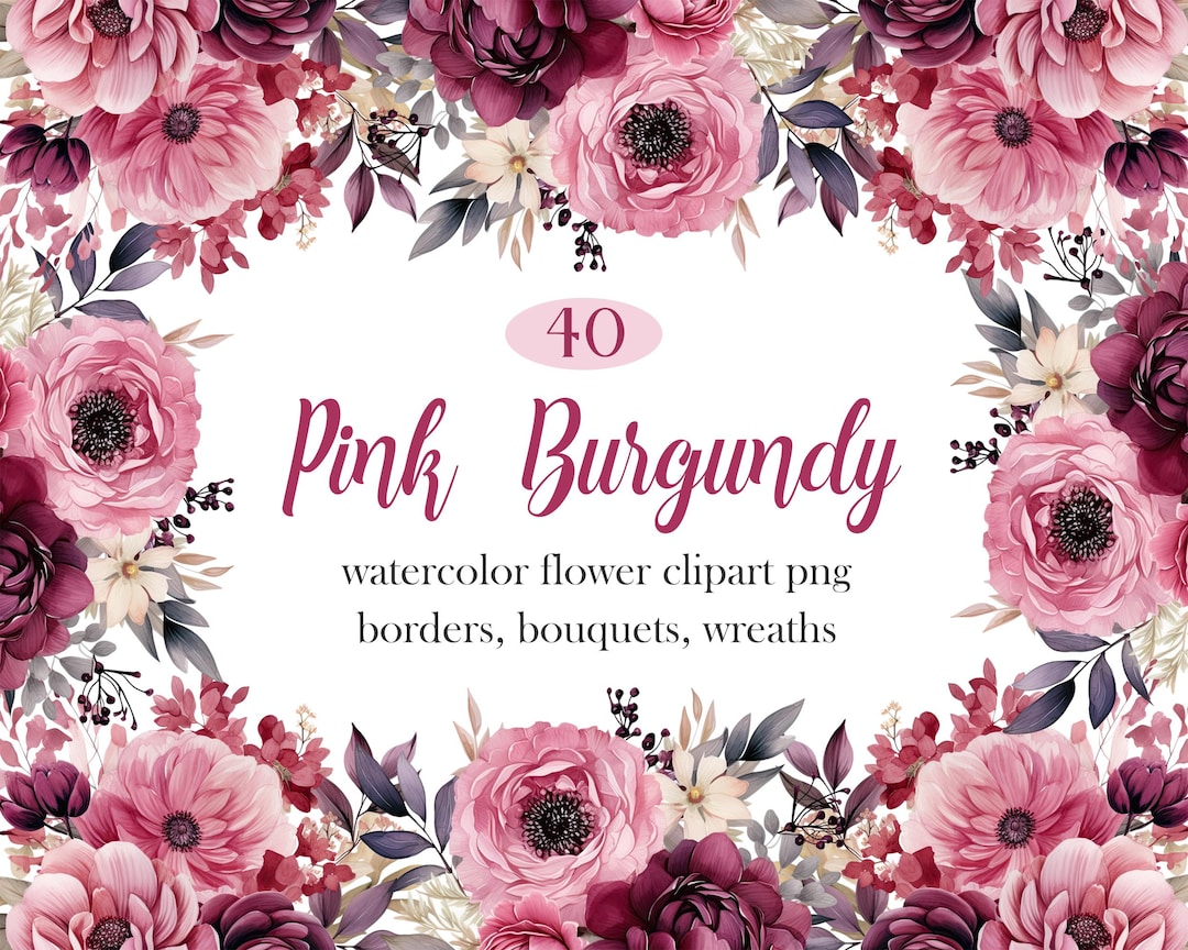 Pink Burgundy Flower Clipart, Watercolor Burgundy Floral PNG, Flower ...