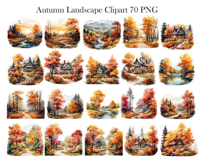 Autumn Landscape Clipart, Watercolor Fall Landscape PNG Bundle, Autumn ...