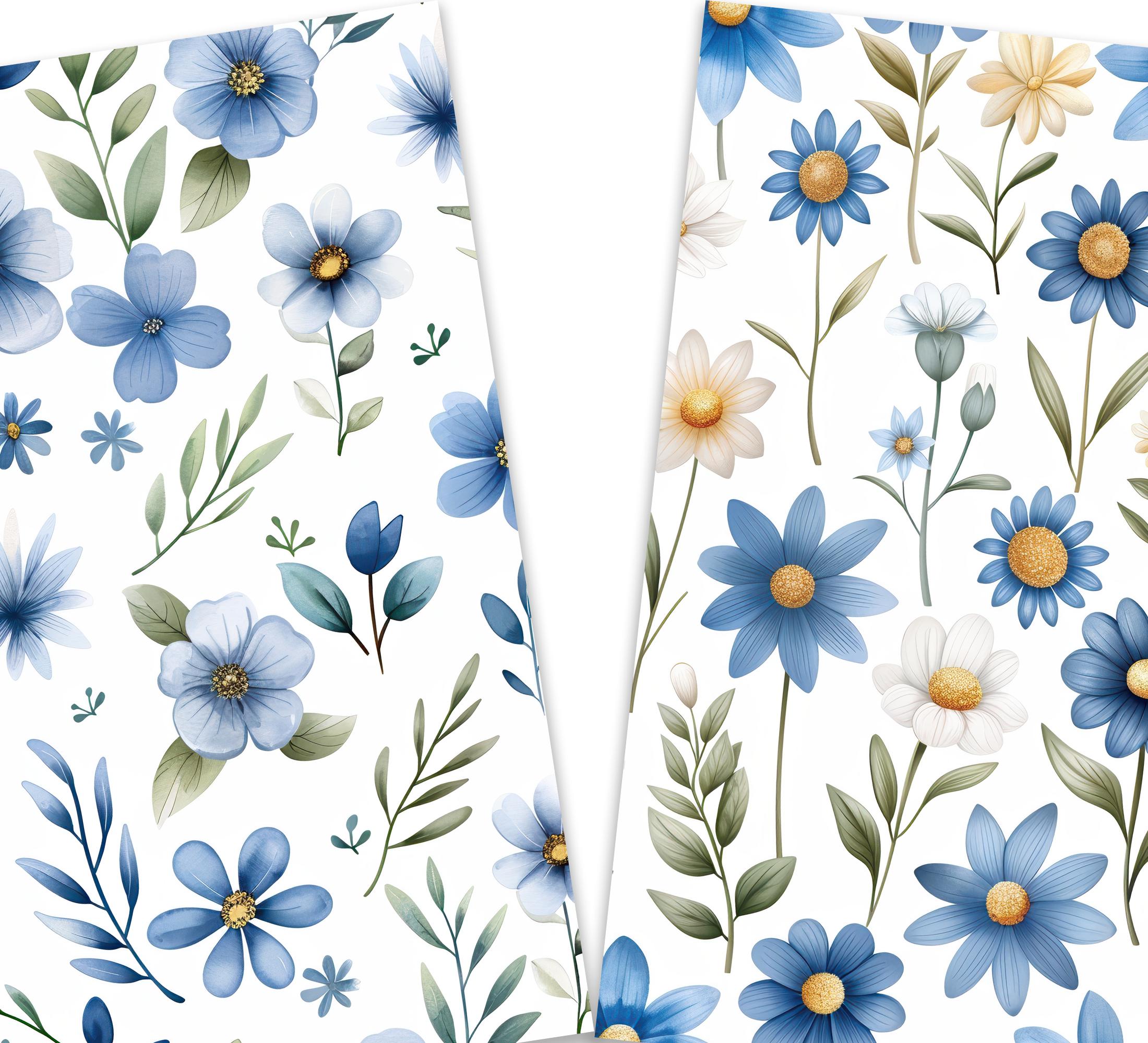 Blue Flower Digital Paper, Watercolor Blue Floral Background, Spring ...