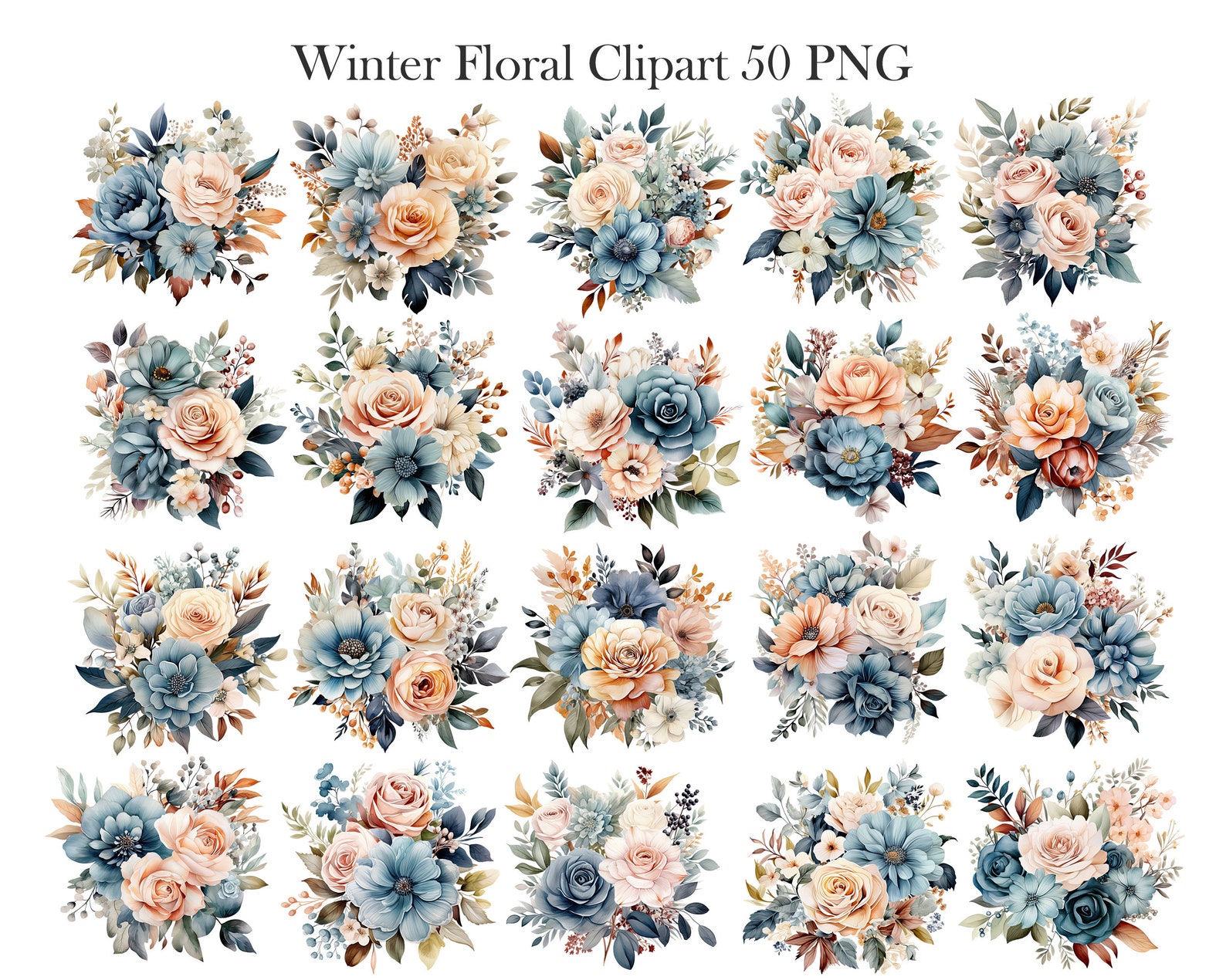 Winter Flower PNG, Watercolor Blue Flower Clipart Bundle, Flower Border ...