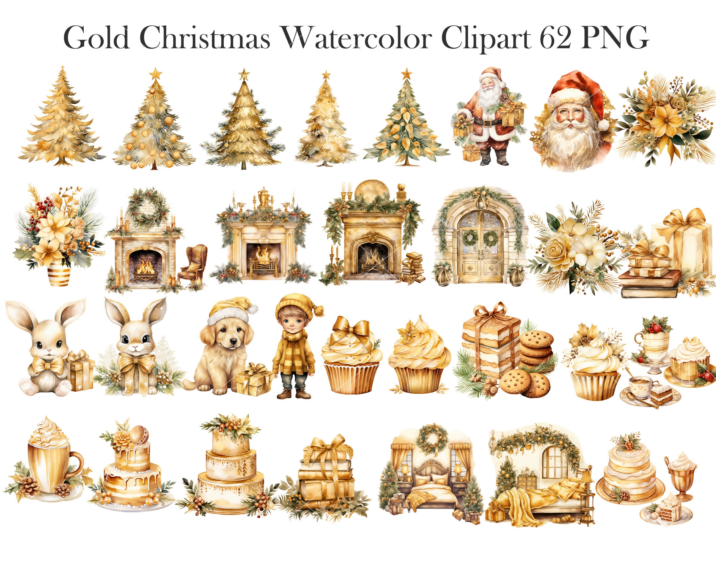 Gold Christmas Clipart, Watercolor Christmas PNG, Sublimation ...