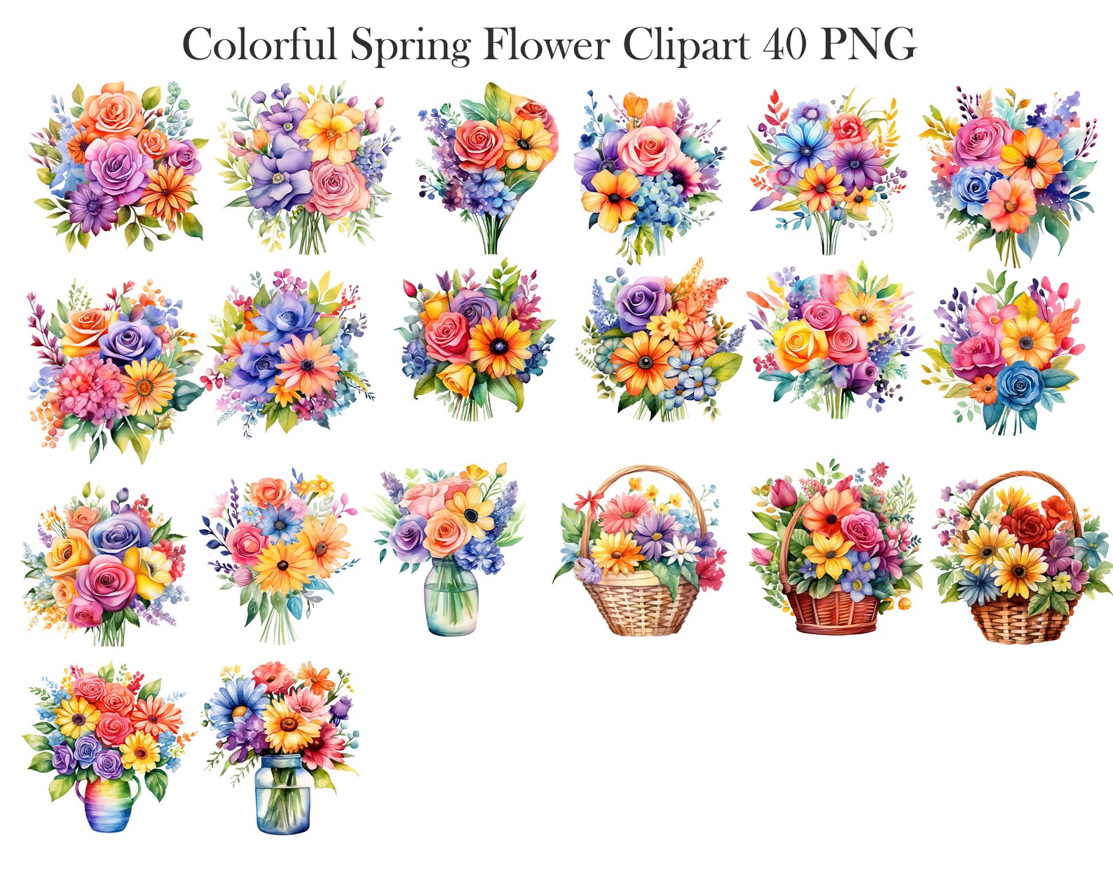 Colorful Spring Flower Clipart, Watercolor Flower PNG, Floral Bouquet ...