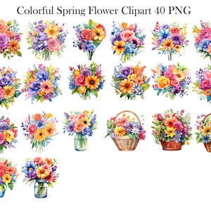 Colorful Spring Flower Clipart, Watercolor Flower PNG, Floral Bouquet ...