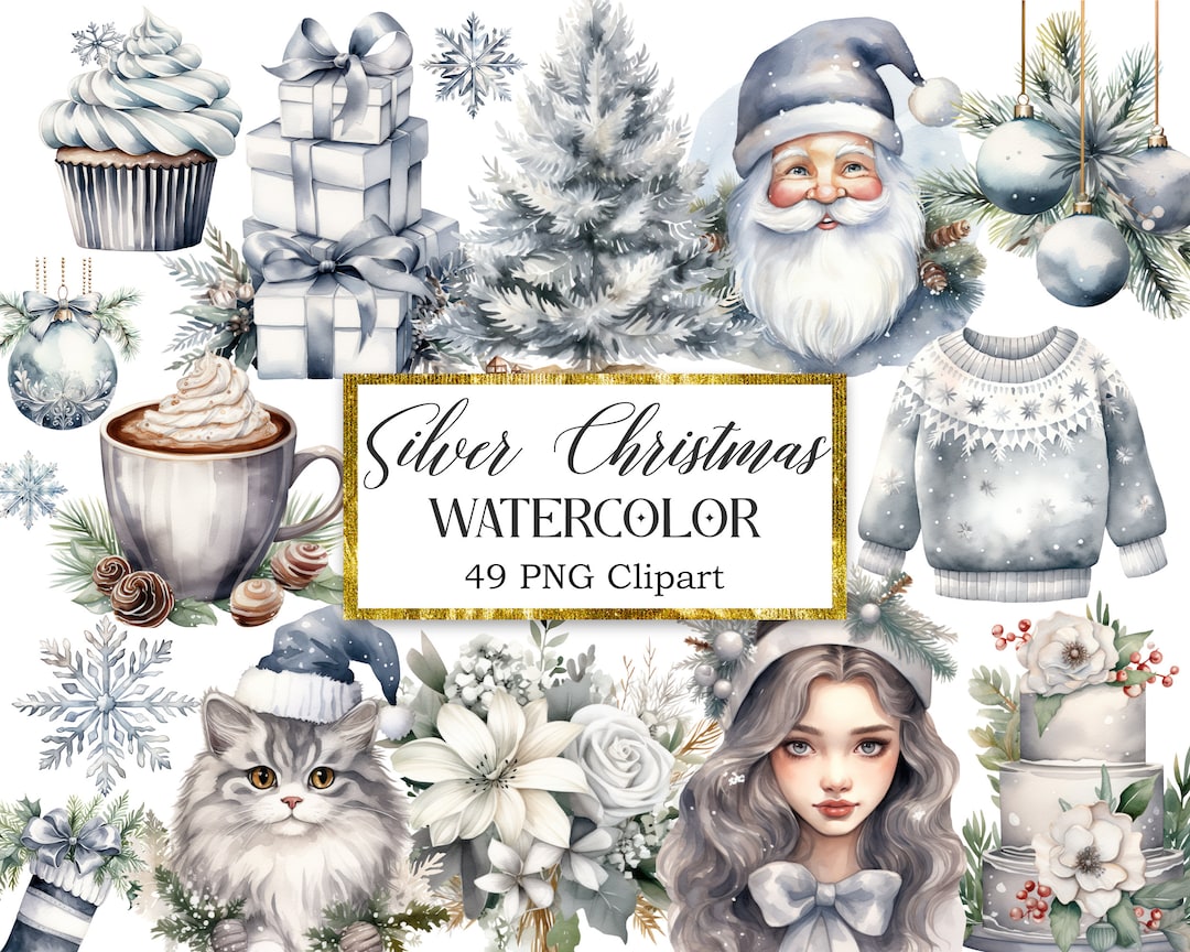 Silver Christmas Clipart, Watercolor Christmas PNG, Sublimation ...
