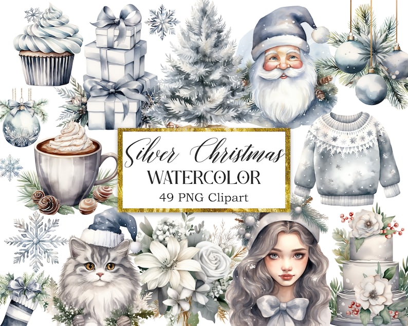 Silver Christmas Clipart, Watercolor Christmas PNG, Sublimation ...