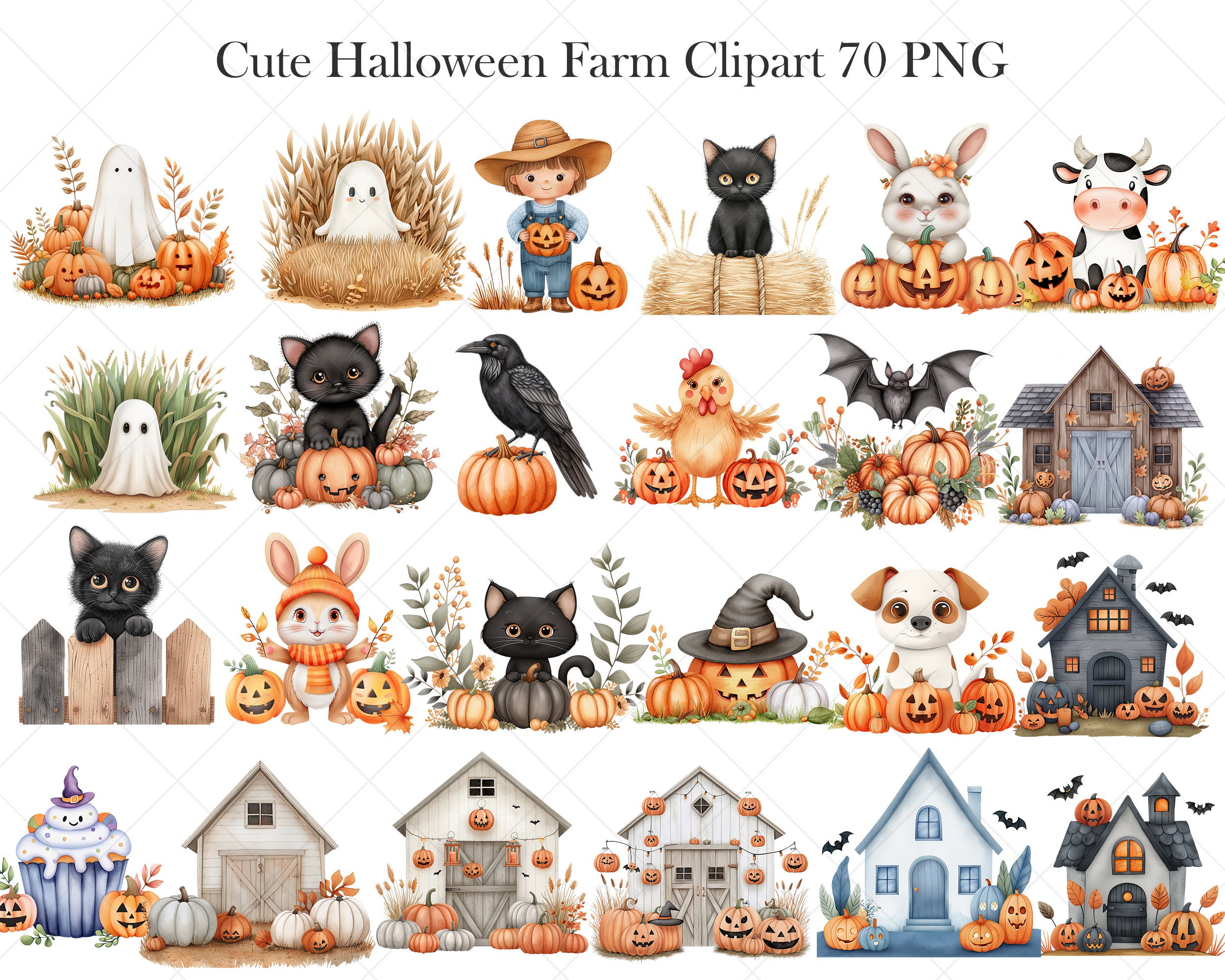 Cute Halloween Farm Clipart, Watercolor Halloween PNG, Halloween ...