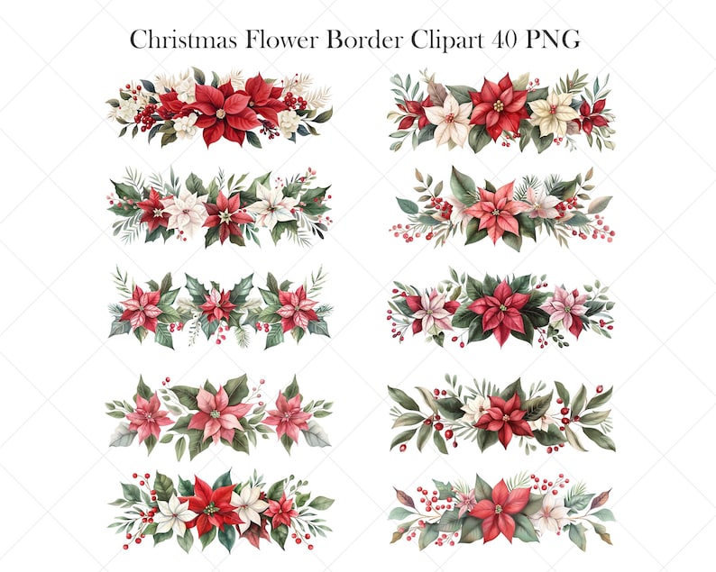 Christmas Border Clipart, Watercolor Poinsettia PNG, Christmas Flower ...