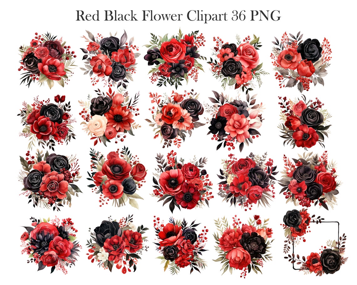Red Black Flower PNG, Watercolor Red Floral Clipart, Flower Bouquet ...