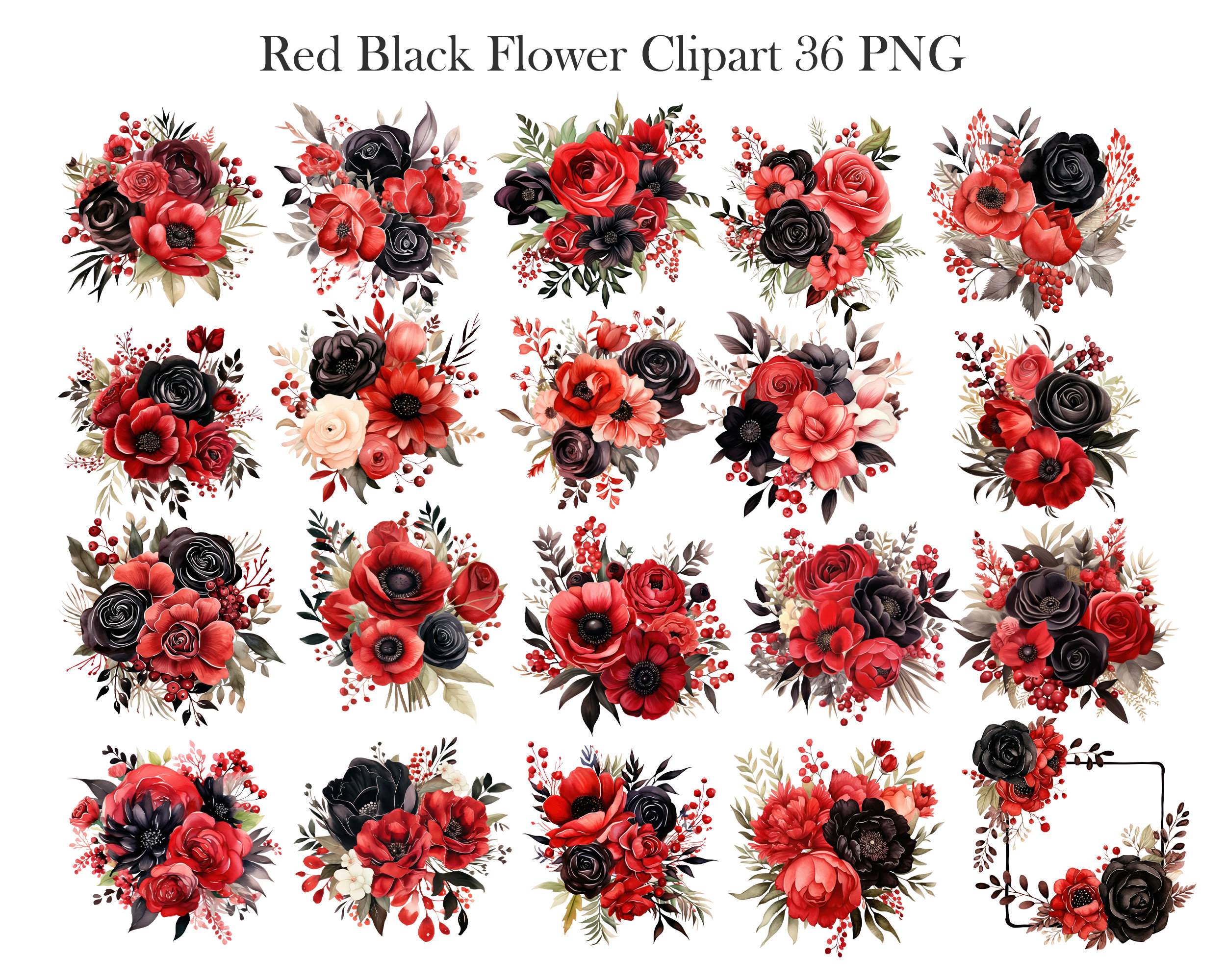 Red Black Flower PNG, Watercolor Red Floral Clipart, Flower Bouquet ...
