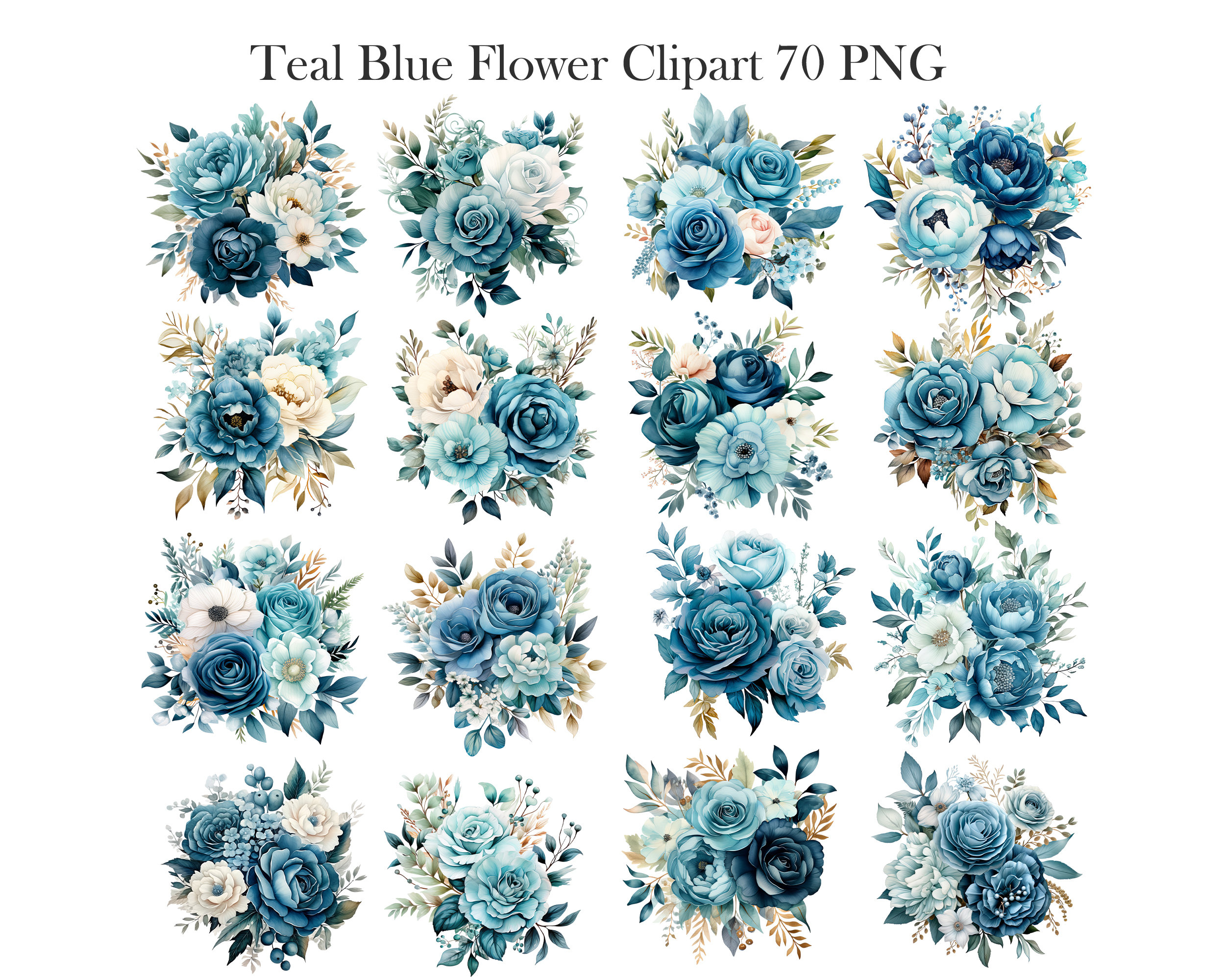 Teal Blue Flower PNG, Watercolor Blue Floral Clipart Bundle, Winter ...