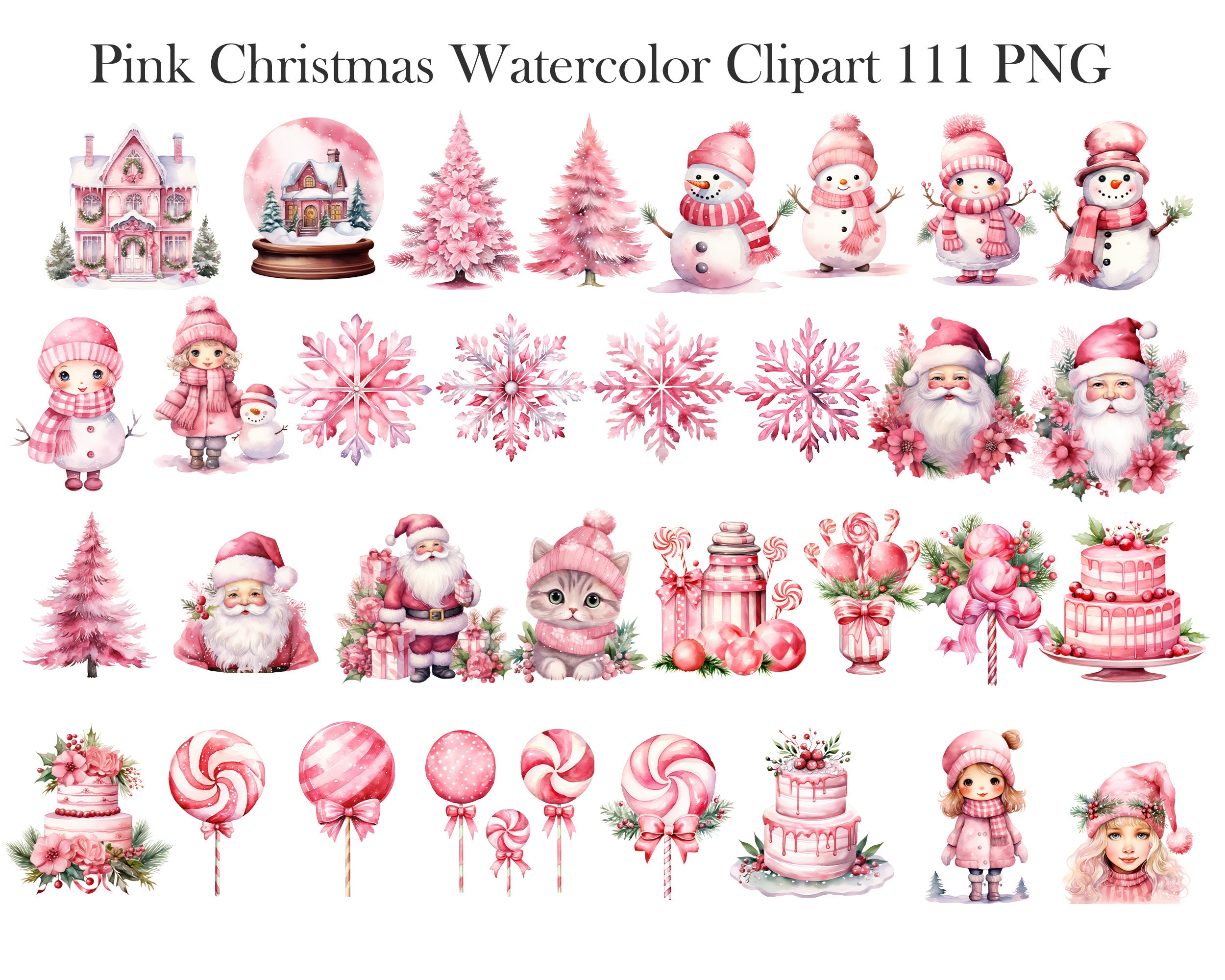 Pink Christmas Clipart, Watercolor Christmas PNG, Sublimation ...