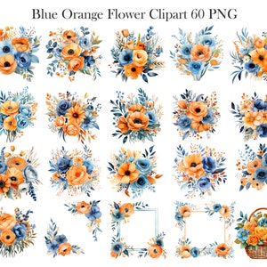Blue Orange Flower PNG, Watercolor Blue Floral Clipart Bundle, Wedding ...