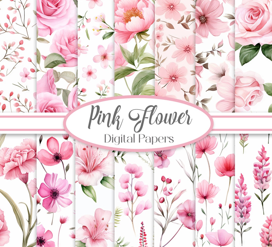 Pink Flower Digital Paper Bundle Watercolor Flower Background