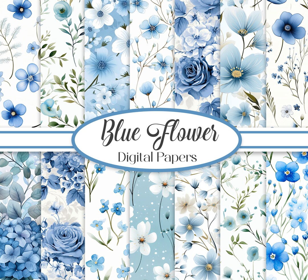 Blue Flower Digital Paper, Watercolor Floral Background, Scrapbook ...