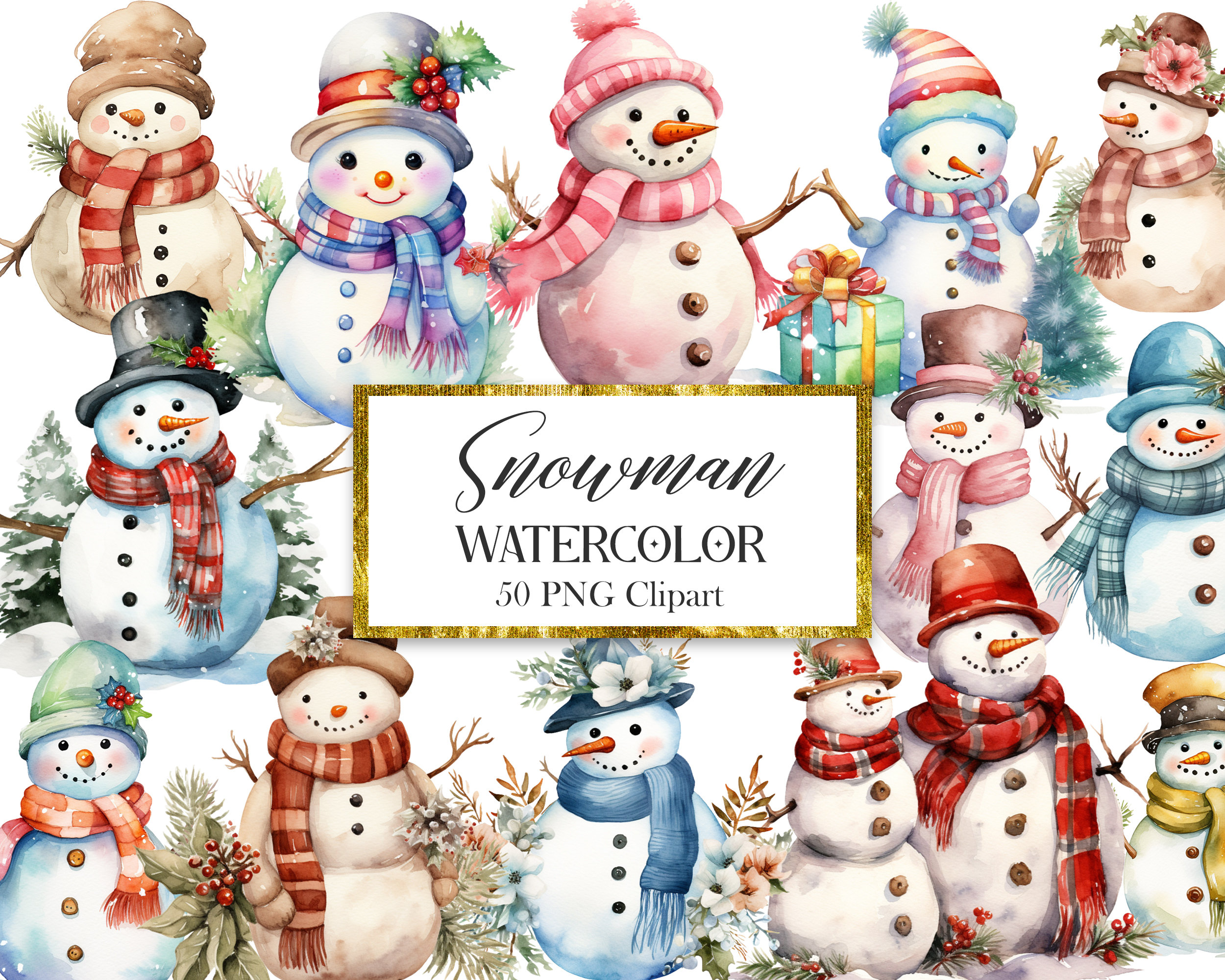 Snowman PNG Clipart Bundle, Watercolor Christmas Snowman Clipart ...