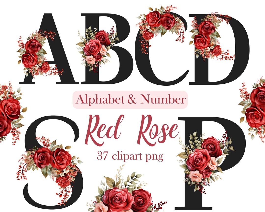 Floral Alphabet Clipart, Red Rose Alphabet PNG, Watercolor Flower ...