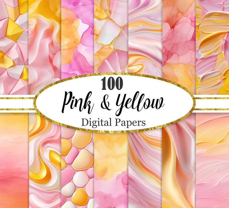 Pink Yellow Digital Paper, Pink Background Bundle, Yellow Texture ...