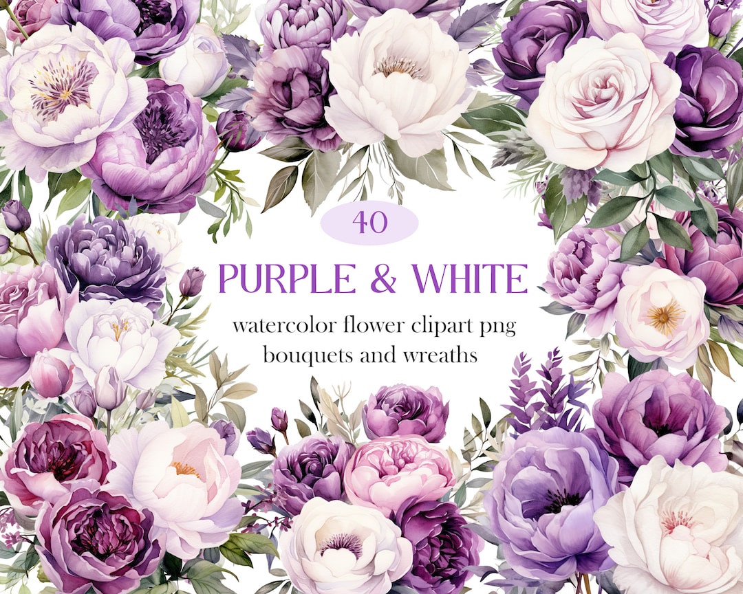 Purple White Flower Clipart, Watercolor Purple Flower Clipart Bundle ...