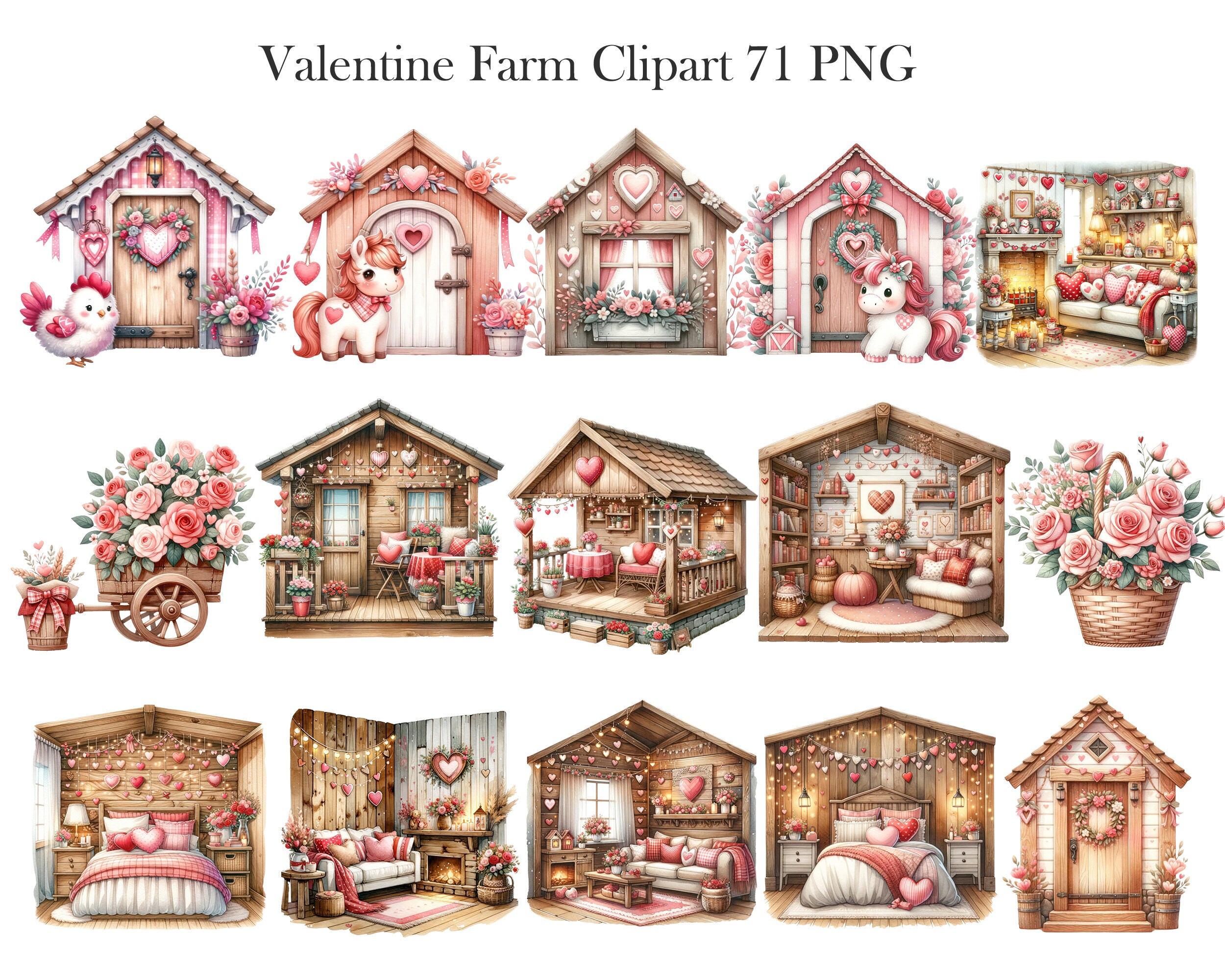 Valentine Farm PNG, Watercolor Valentine Farm Clipart Bundle, Valentine ...