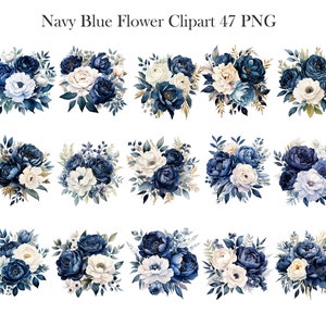 Navy Blue Flower Clipart, Watercolor Blue Floral PNG, Wedding Flower ...