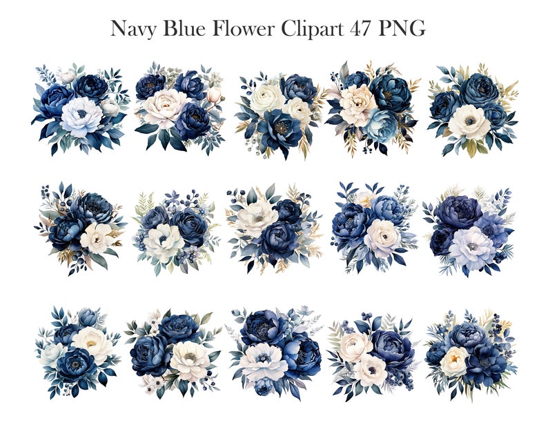 Navy Blue Flower Clipart, Watercolor Blue Floral PNG, Wedding Flower ...