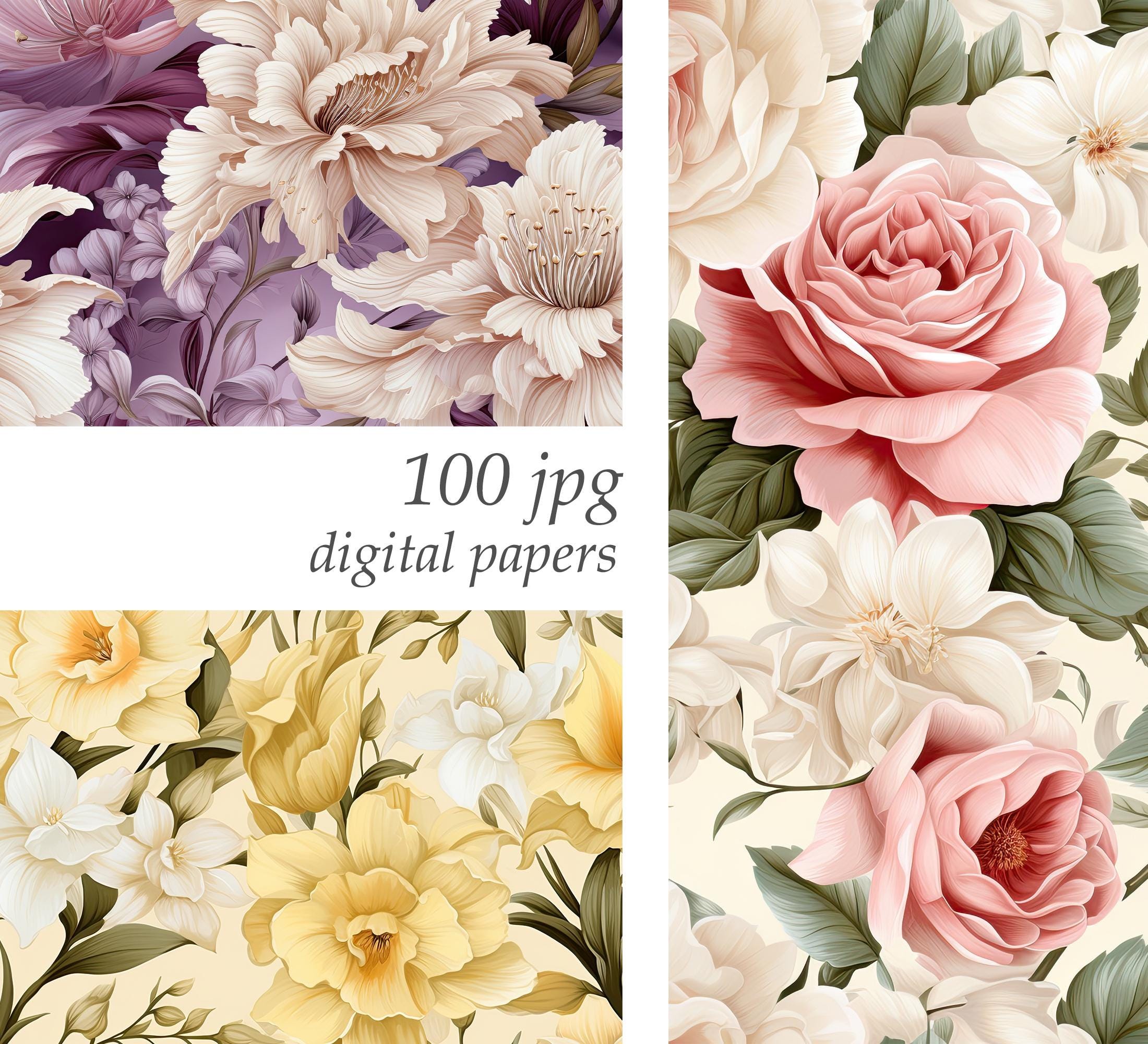 Flower Digital Paper, Flower Background, Spring Floral, Scrapbook Paper ...