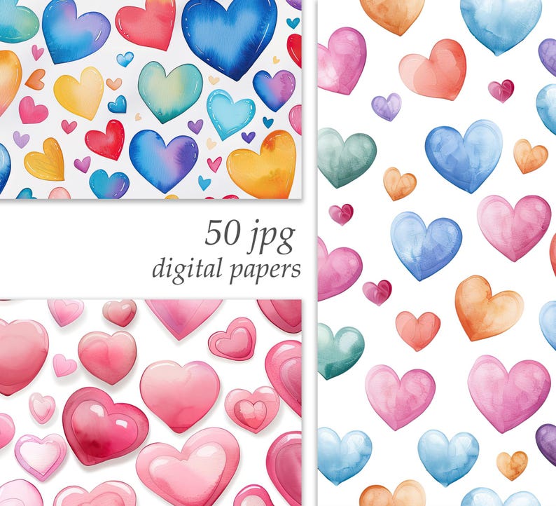Heart Digital Paper, Valentine Background, Watercolor Heart, Scrapbook ...