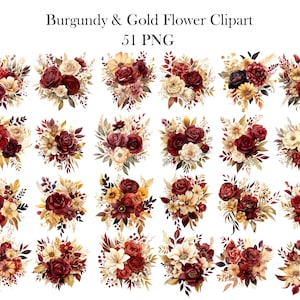 Burgundy Flower PNG, Watercolor Burgundy Gold Floral Clipart Bundle ...