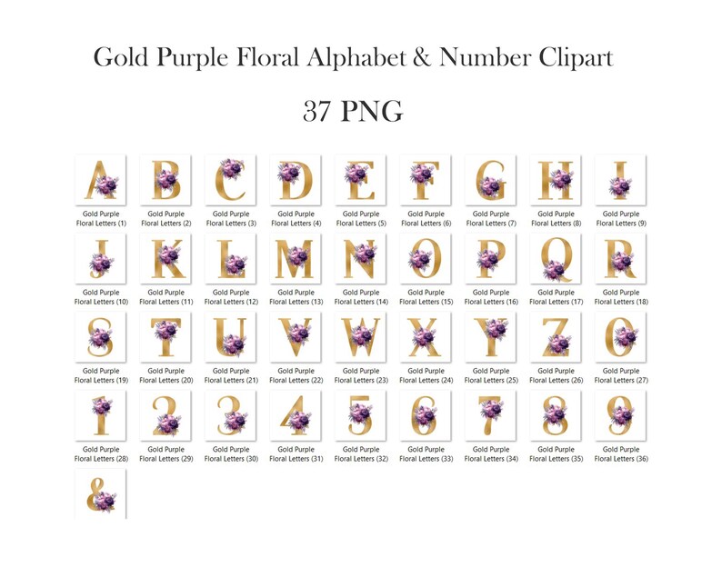 Purple Floral Alphabet PNG, Flower Alphabet Clipart, Gold Letters ...