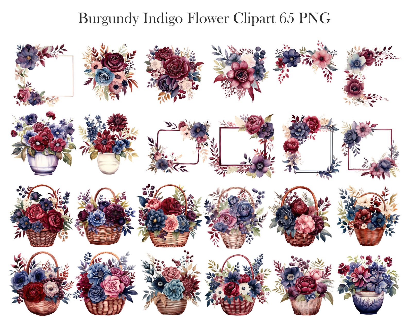 Burgundy Indigo Flower Clipart, Watercolor Burgundy Indigo Floral PNG ...