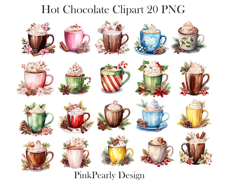 Hot Chocolate Mug Watercolor Clipart, Christmas Decor Clipart Png - Etsy