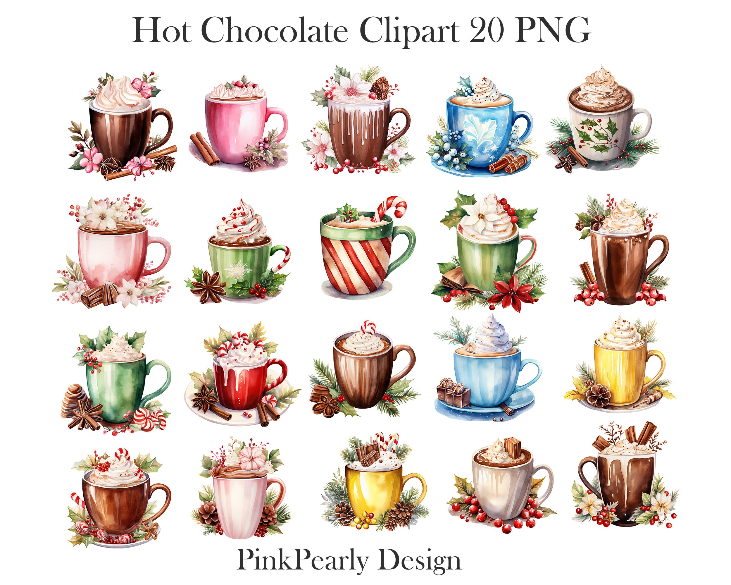 Hot Chocolate Mug Watercolor Clipart, Christmas Decor Clipart Png - Etsy