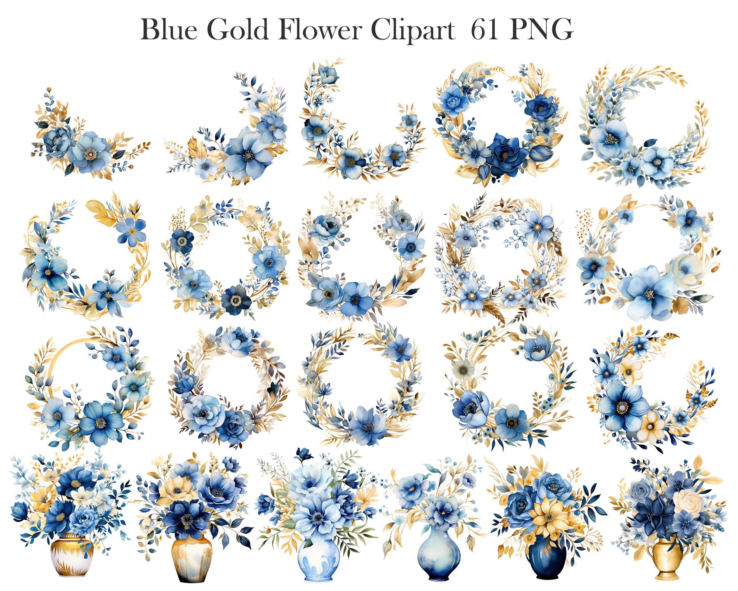Blue Gold Flower PNG, Watercolor Flower Clipart, Wedding Floral Bouquet ...