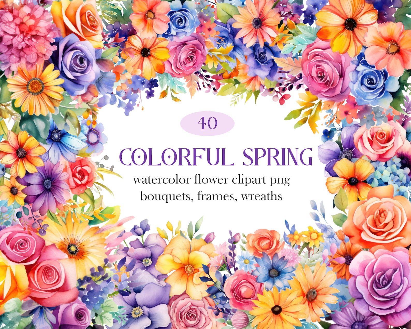 Colorful Spring Flower Clipart, Watercolor Flower PNG, Floral Bouquet ...