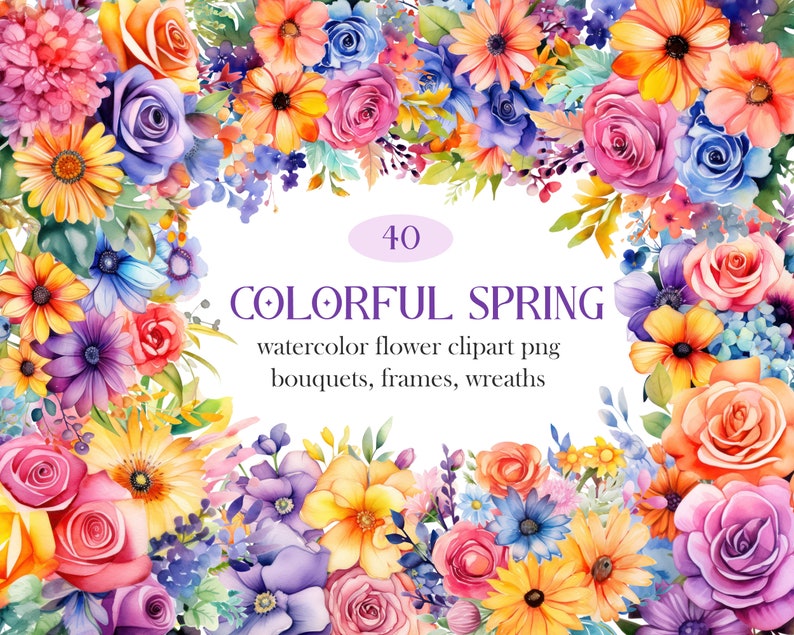 Colorful Spring Flower Clipart, Watercolor Flower PNG, Floral Bouquet ...