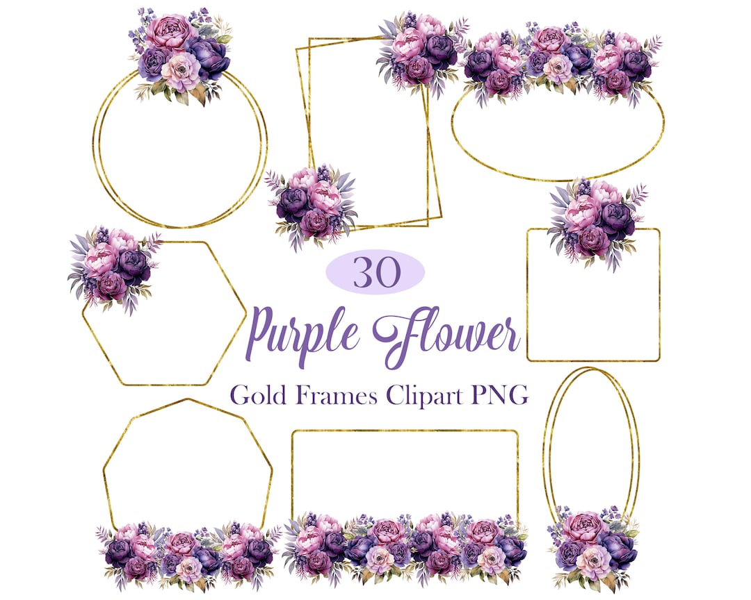 Purple Flower Frame PNG, Watercolor Purple Floral Gold Frame Clipart ...