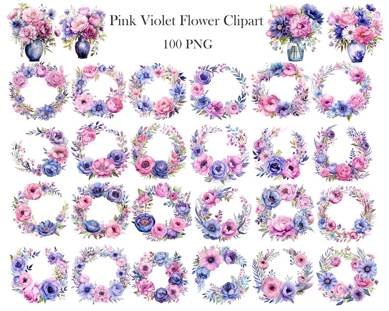 Pink Violet Flower PNG, Watercolor Floral Clipart Bundle, Wedding ...