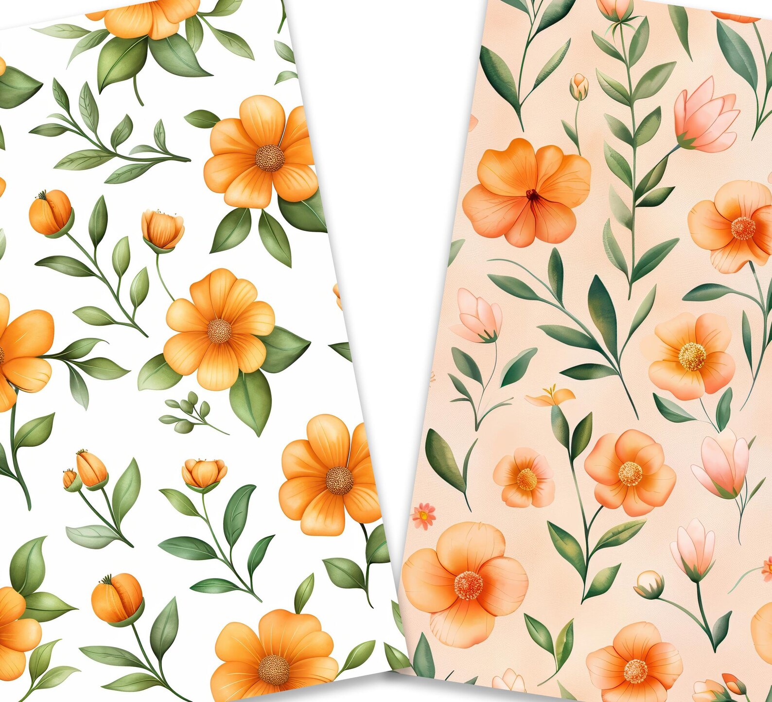Orange Flower Digital Paper, Watercolor Orange Floral Background ...