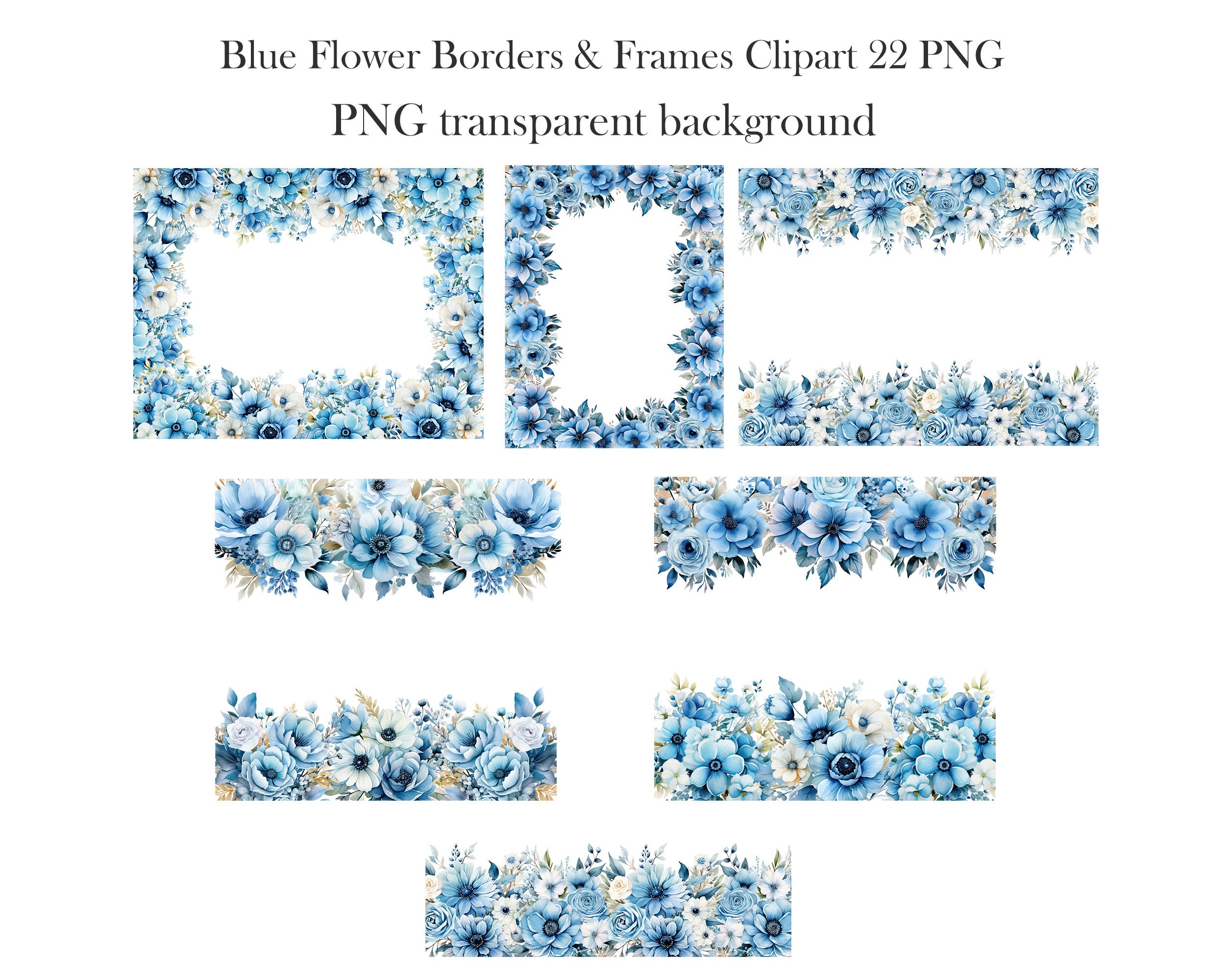 Blue Flower Border Clipart, Watercolor Blue Floral PNG, Flower Frame ...