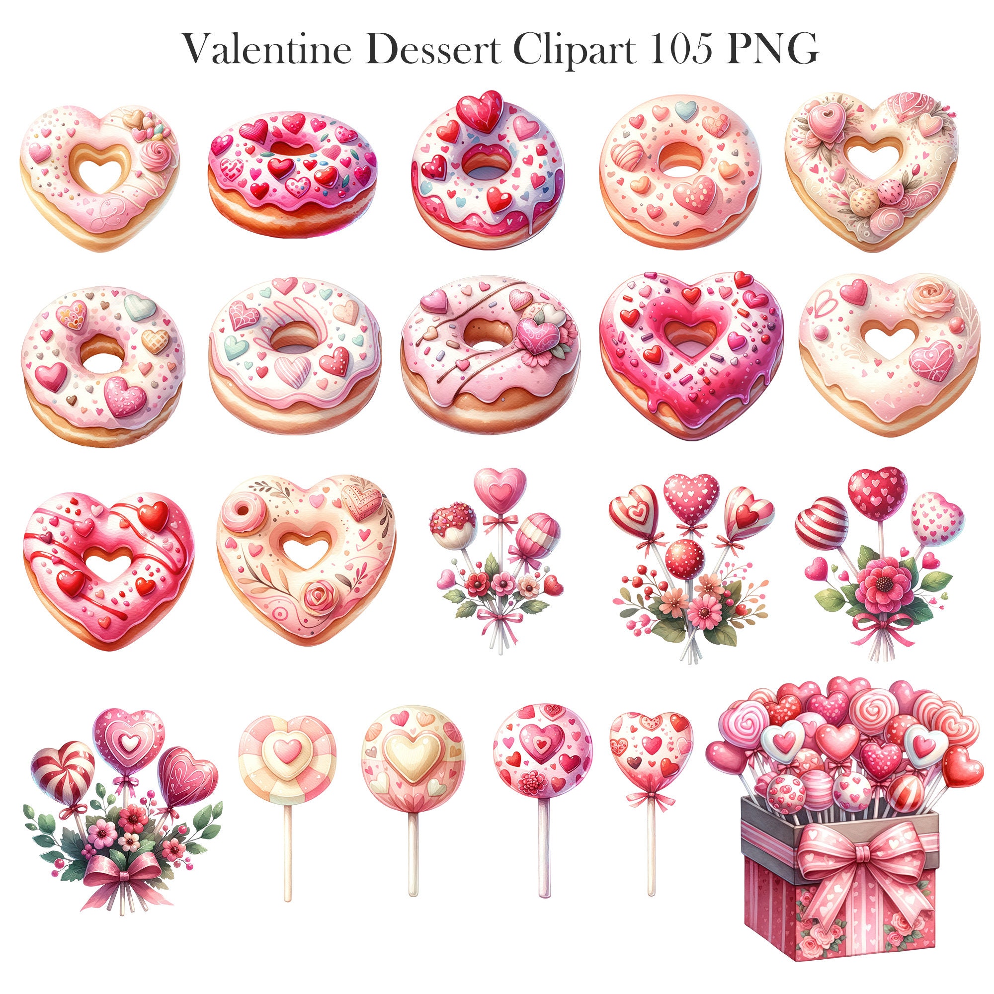 Valentine Dessert Clipart Bundle, Watercolor Valentine PNG, Valentine ...