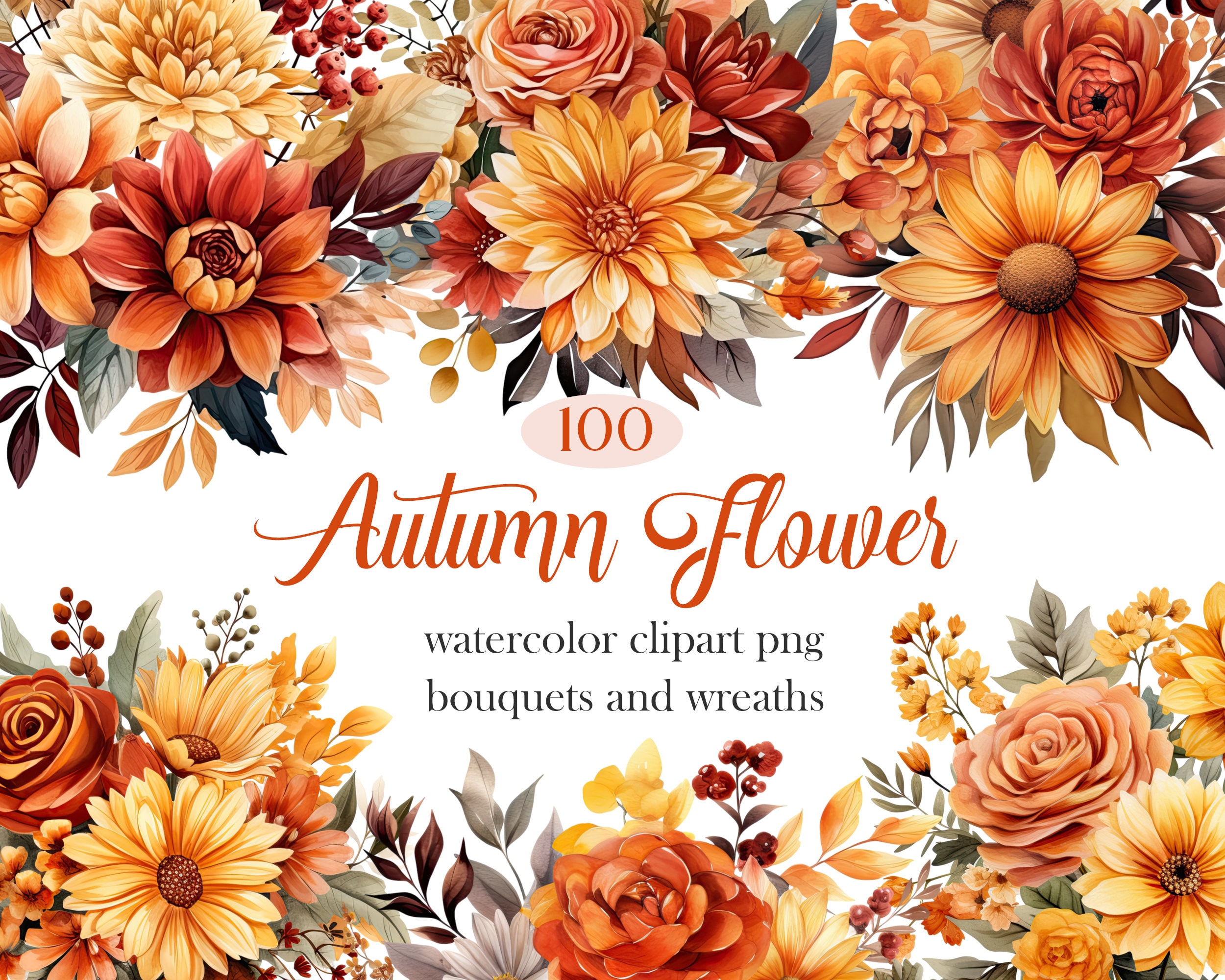 Autumn Flower PNG, Watercolor Fall Flower Clipart Bundle, Wreath ...