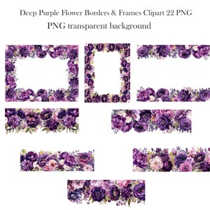 Purple Flower Border Clipart, Watercolor Flower Border PNG Bundle ...