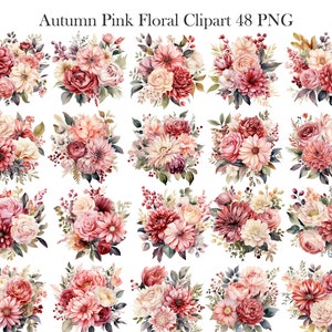 Autumn Pink Flower PNG, Watercolor Fall Flower Clipart, Floral Bouquet ...